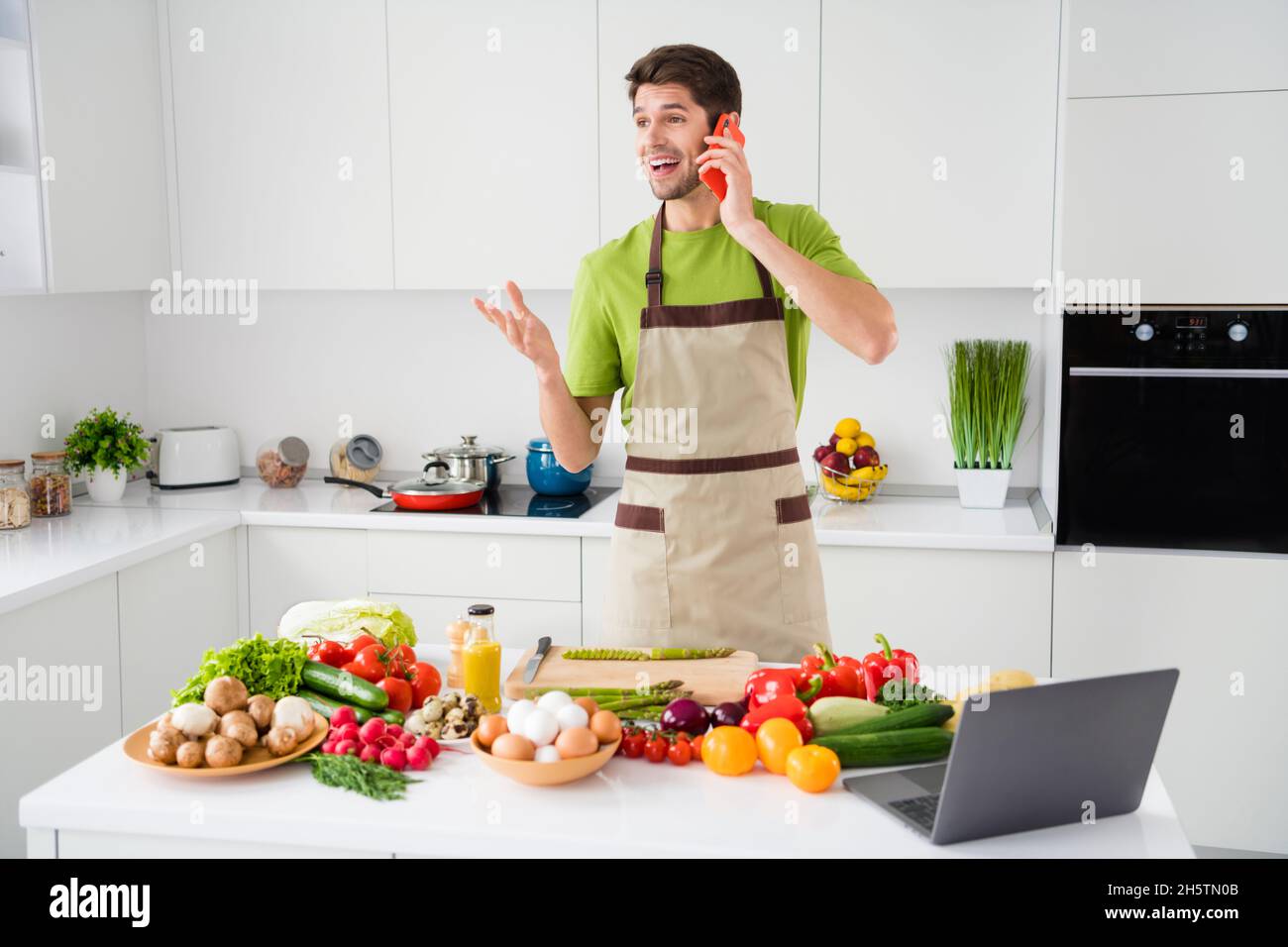 Portrait of attractive cheery guy cooking natural meal watching seminar ...