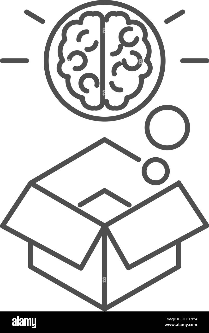 Thinking outside the box concept. Open cardboard box with human brain. Outline thin line ...