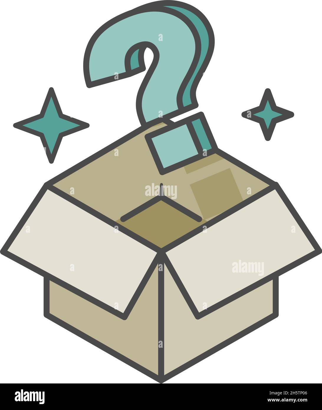 Open cardboard box with question mark. Mystery, question, surprise concept. Flat style ...