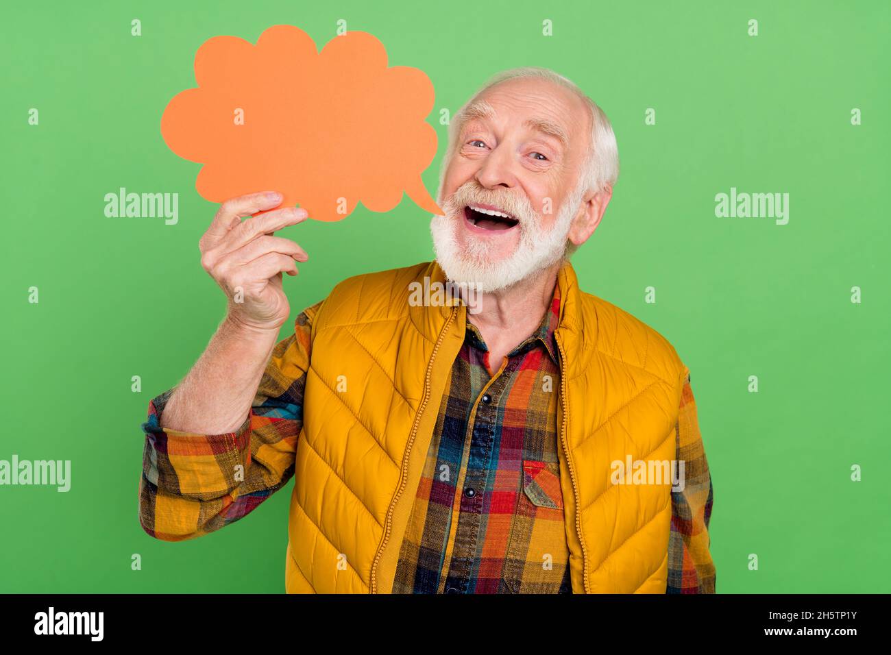 Photo of excited funky senior gentleman wear yellow vest holding empty ...