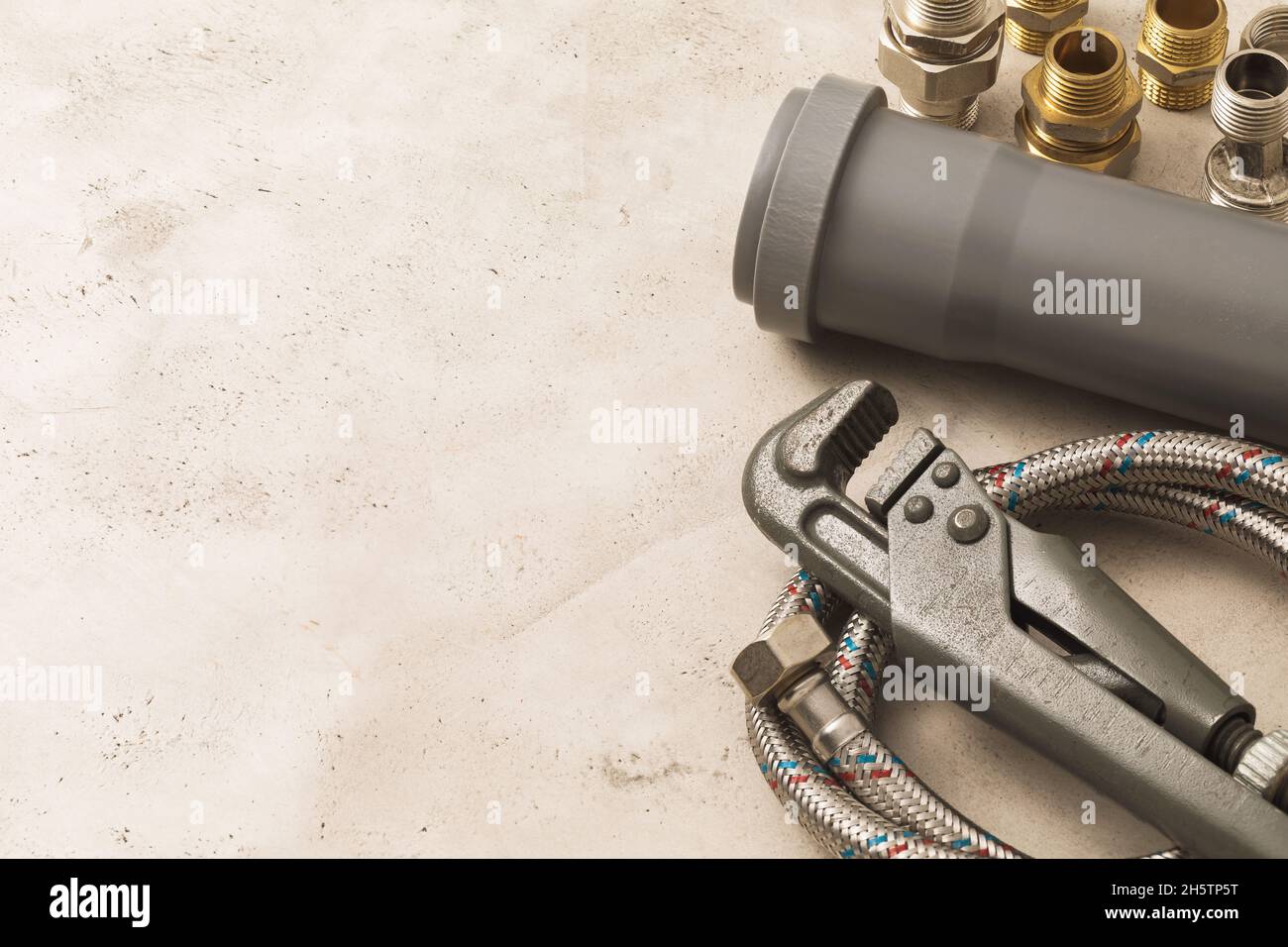 Various plumbing tools with copy space, gas adjustable wrench, pipe ...