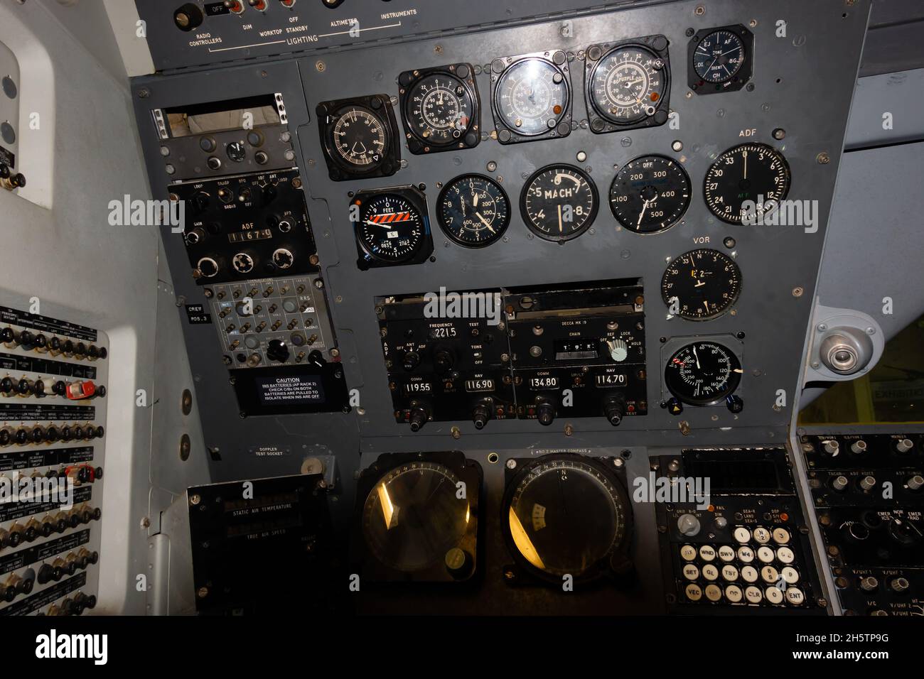 BAC111 navigator's station with display of gauges. Cockpit, flightdeck ...