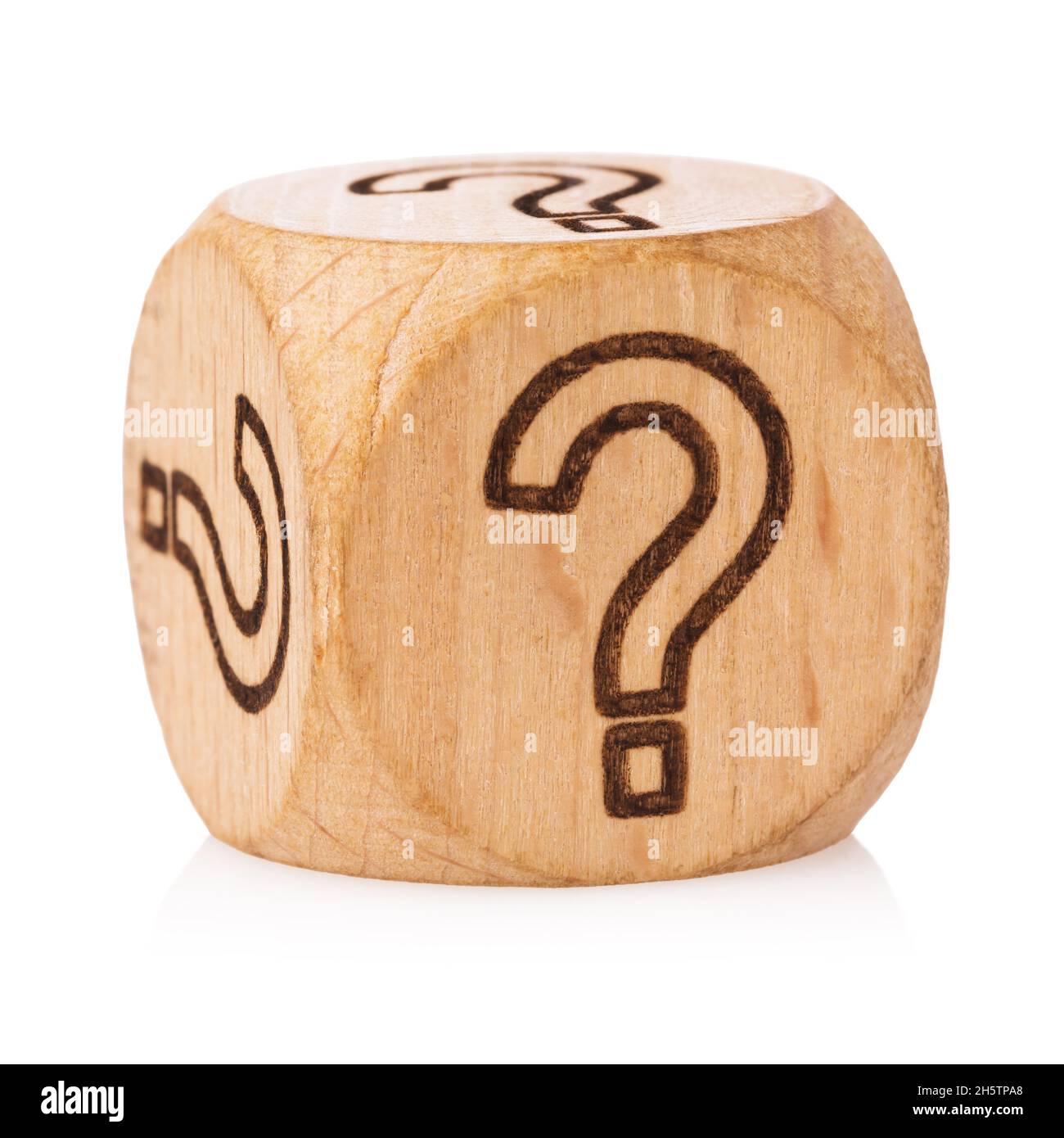 Wooden cube with question mark symbol isolated on white background ...