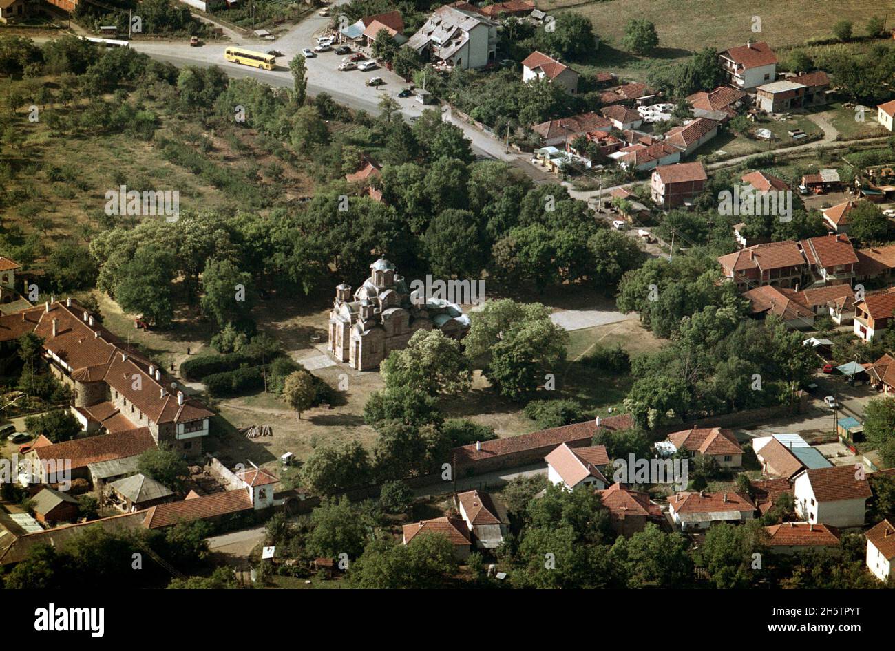 Aerial view of Gracanica, a Serbian village in Kosovo. In the middle of ...