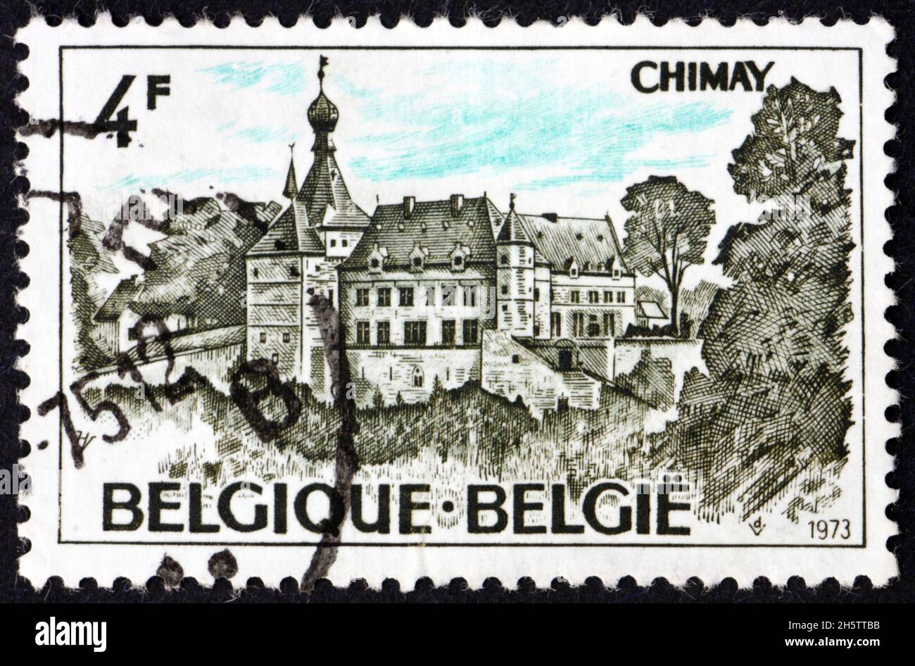 BELGIUM - CIRCA 1973: a stamp printed in Belgium shows Chimay castle ...