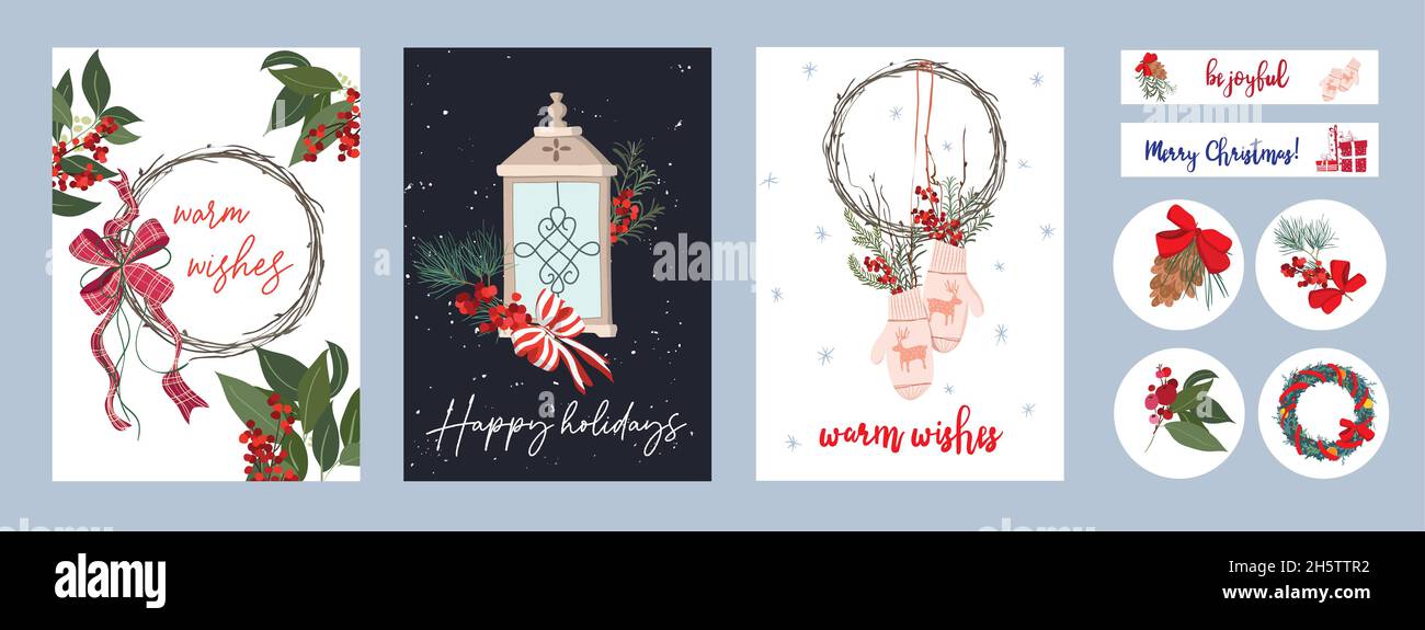 Set of Christmas and New Year cards or invitations. A set of stickers ...