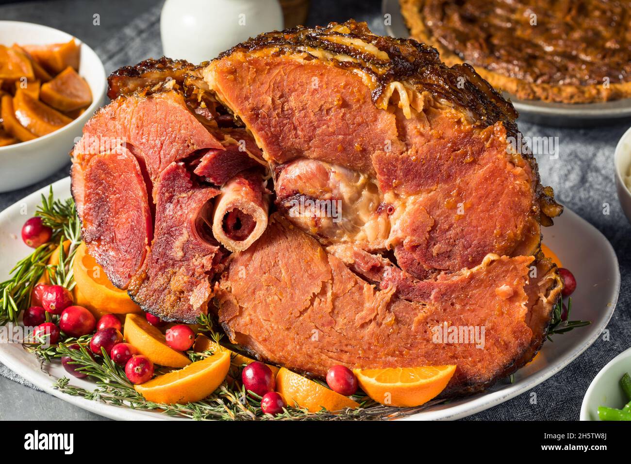 Homemade Christmas Ham Dinner with Potatoes Cranberry and Pecan Pie ...