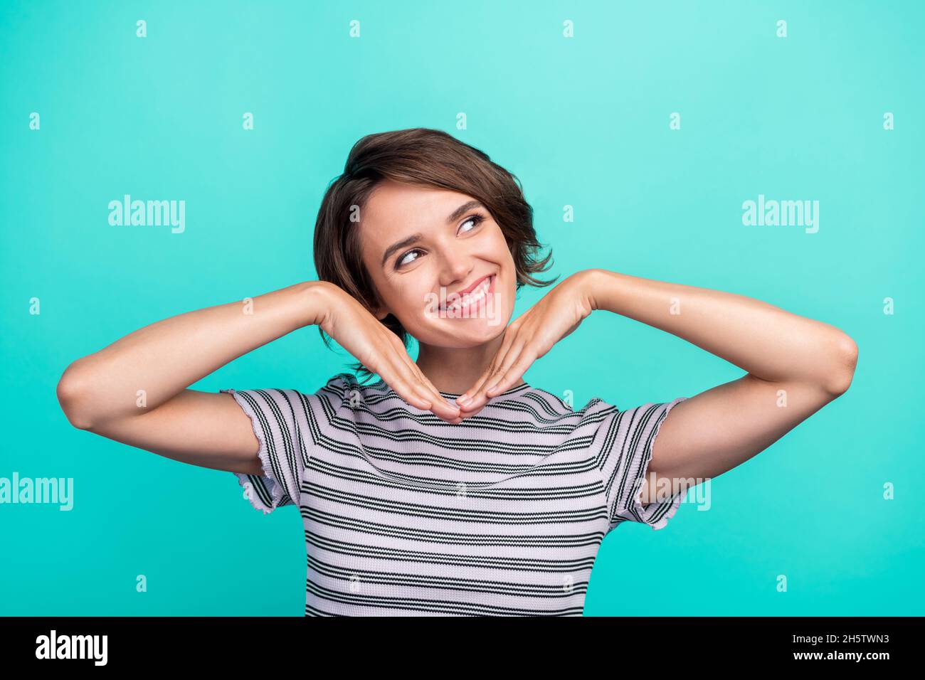 Photo of young attractive girl happy positive smile dream think look ...