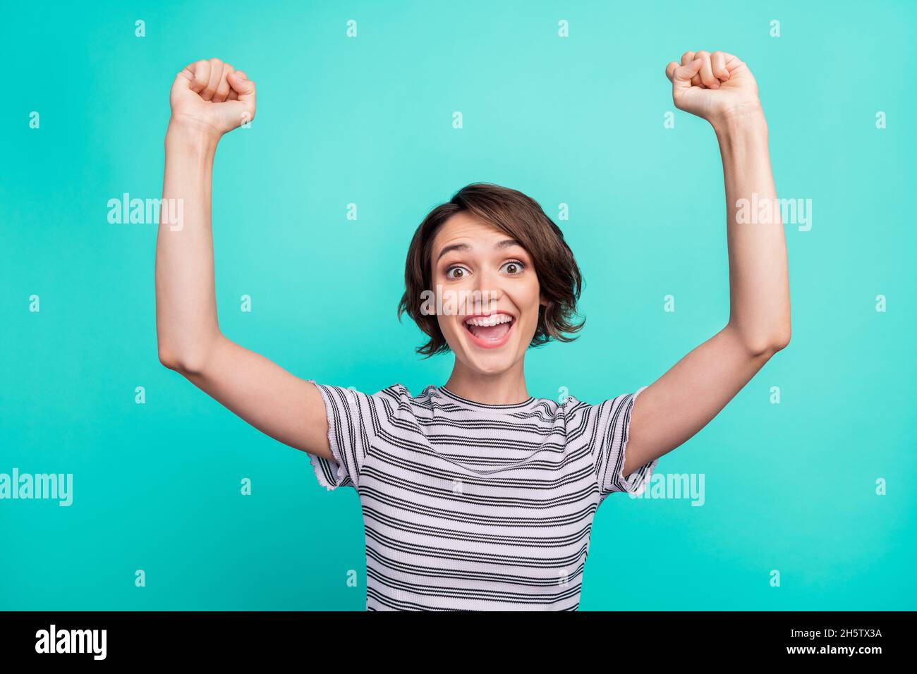 Photo of young excited girl happy positive smile rejoice victory ...