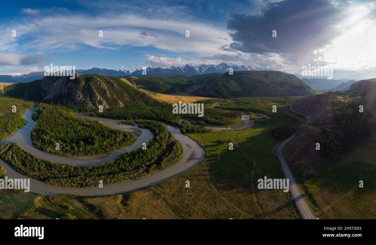 Kurai steppe and Chuya river on North-Chui ridge mountains background ...