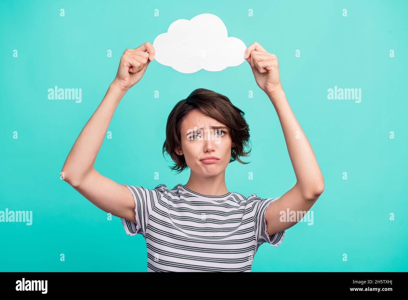 Photo of young girl unhappy sad upset hold cloud rainy weather isolated ...