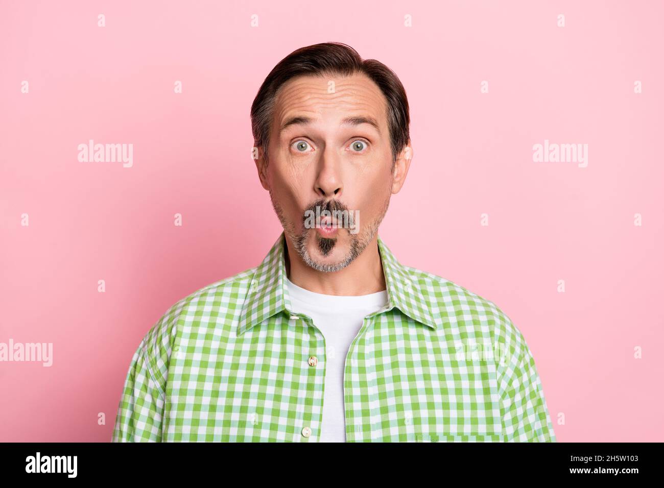 Photo Of Funky Shocked Senior Man Dressed Green Plaid Shirt Big Eyes