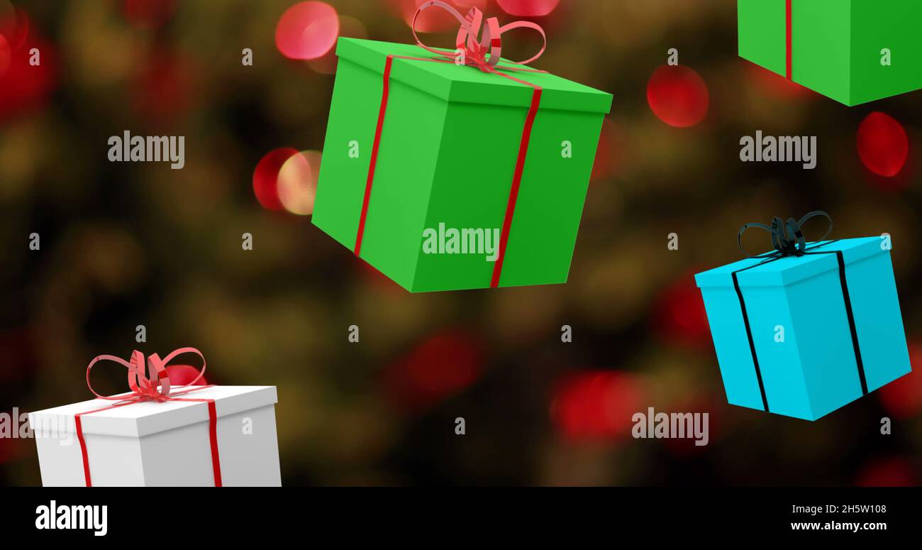 Image of presents falling over fairy lights at christmas Stock Photo ...