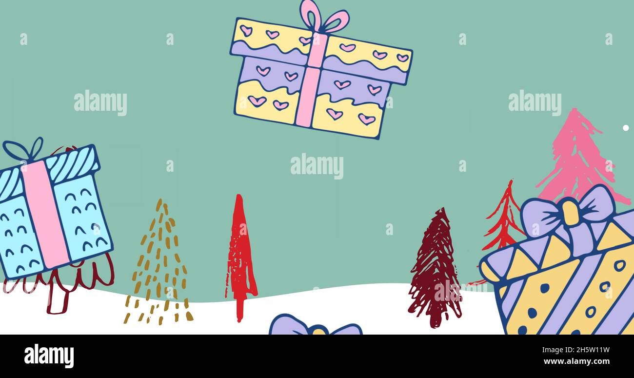 Image of presents falling on blue background with fir trees at ...