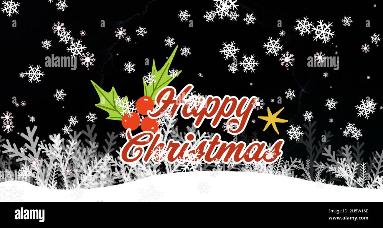 Image of happy christmas text over snow falling and winter landscape ...