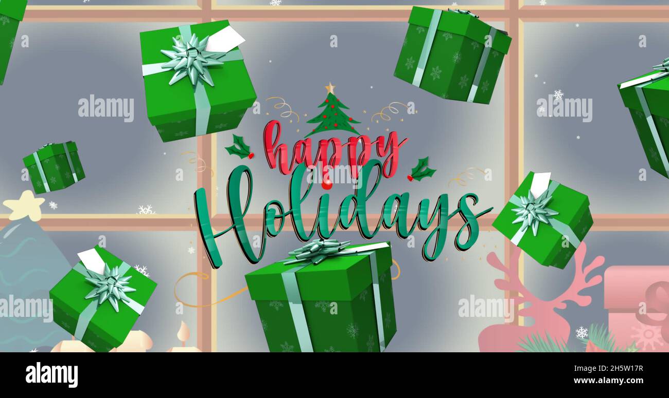 Image of happy holidays text over presents falling and window at ...