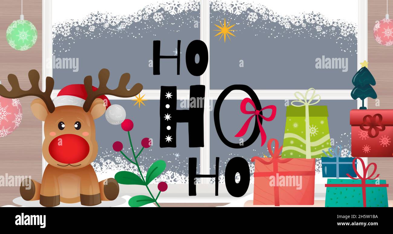 Image of ho ho ho text with reindeer and presents over window at ...