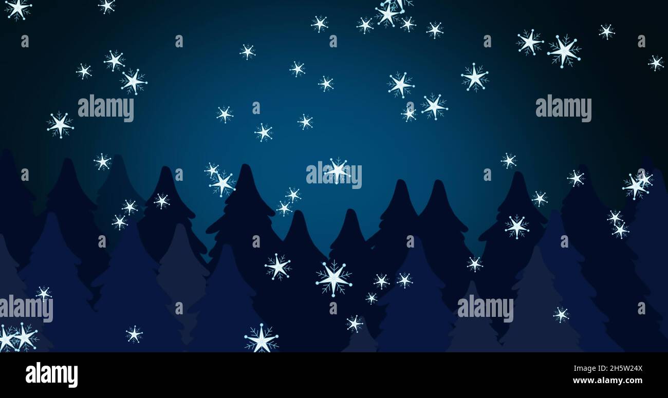 Image of snow falling at christmas over fir trees Stock Photo - Alamy
