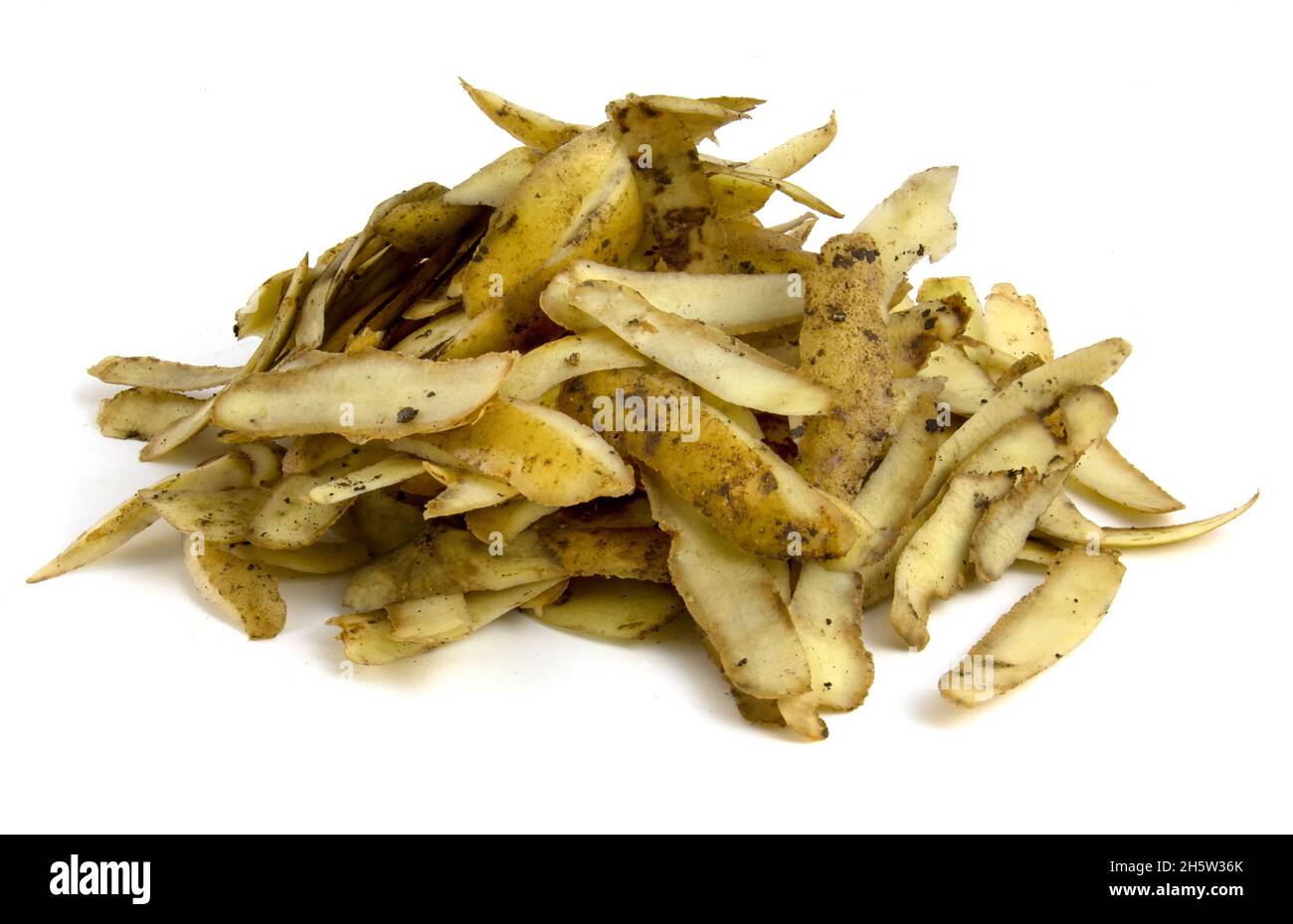 Potato skins after peeling potatoes. Organic waste for compost. Pile of ...