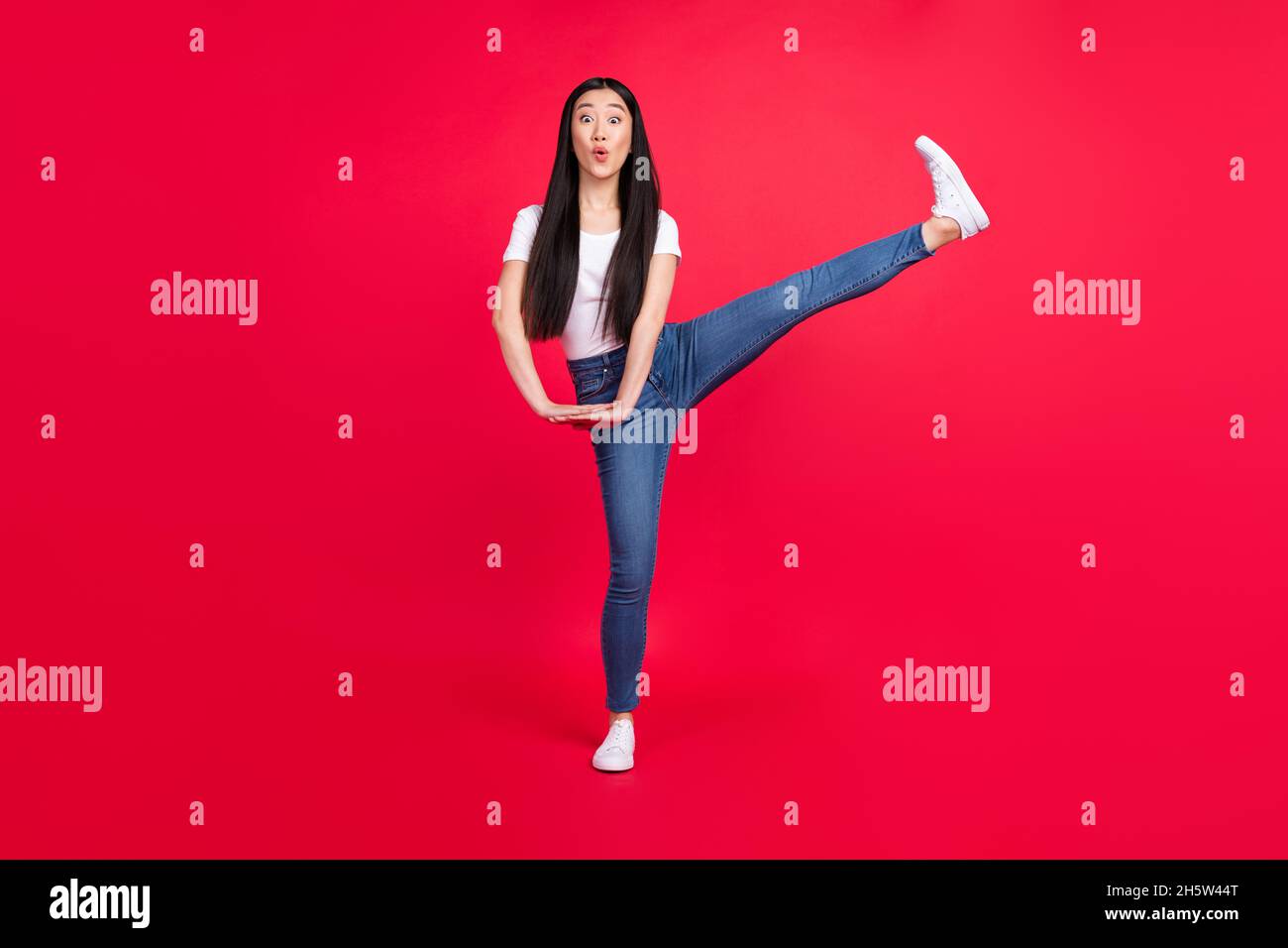 Full length photo of young attractive asian girl amazed shocked ...