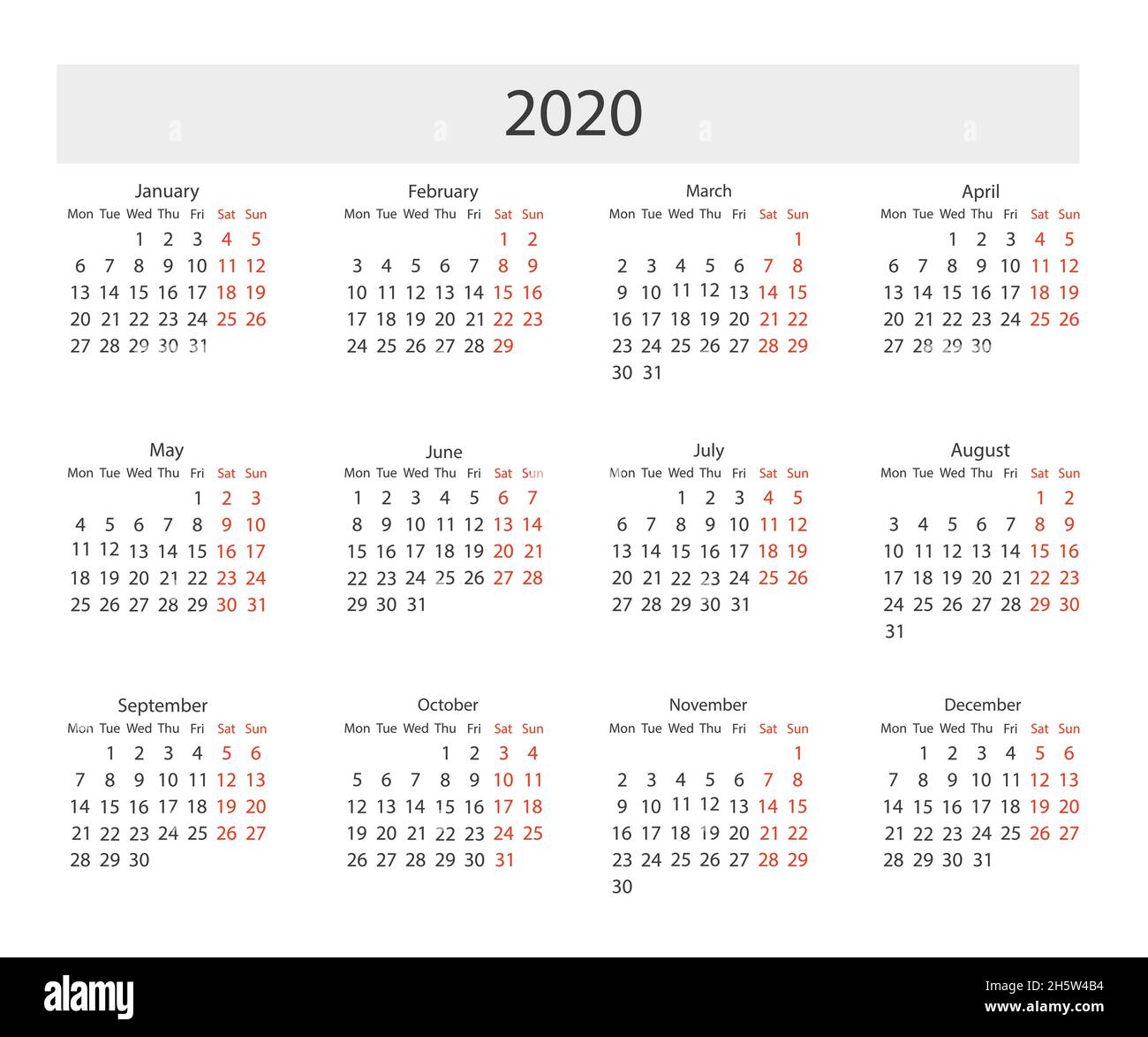 2020 calendar pocket basic grid template, flat vector illustration ...