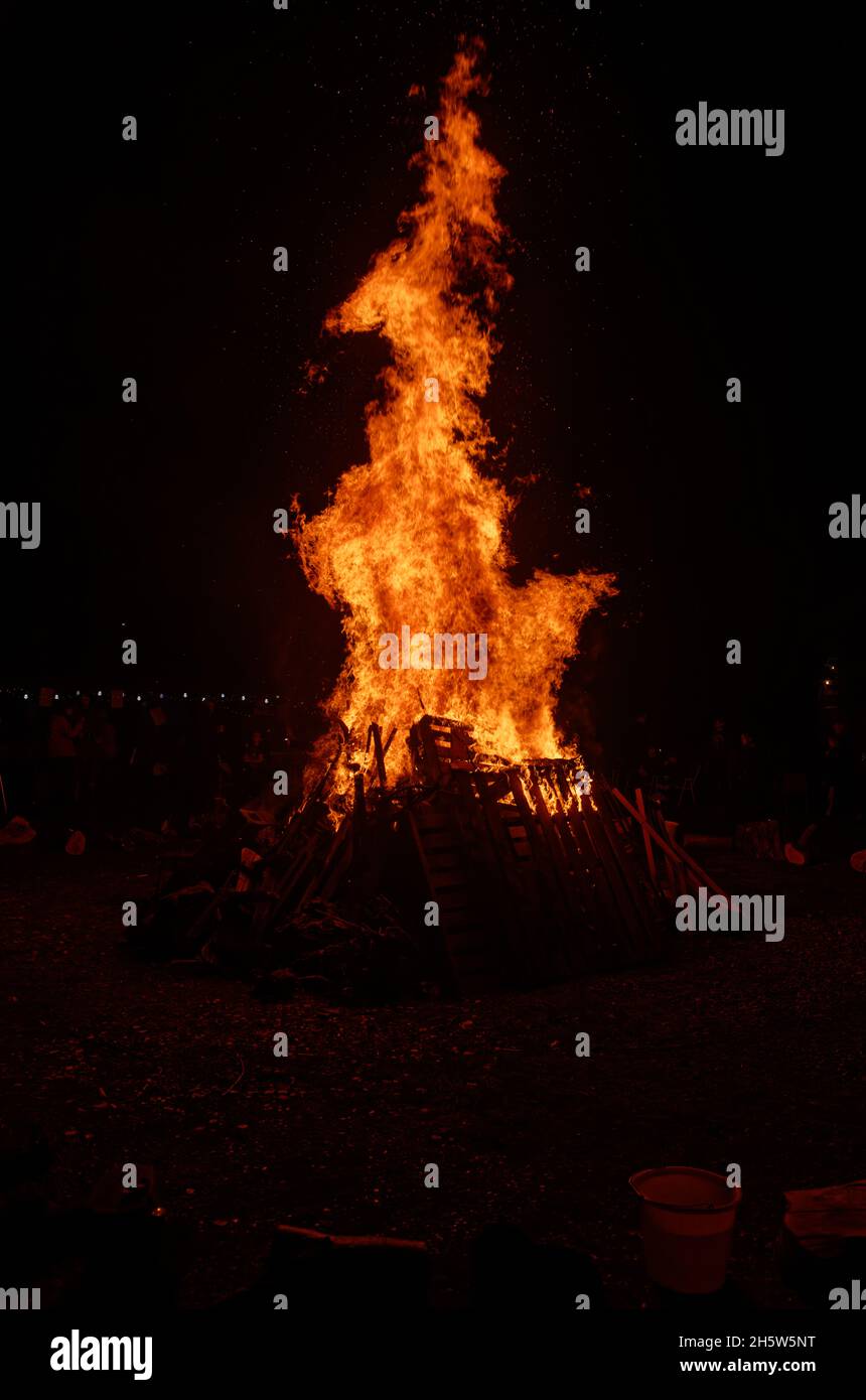 A bonfire burning on Guy Fawkes Day, November 5th, every year in ...