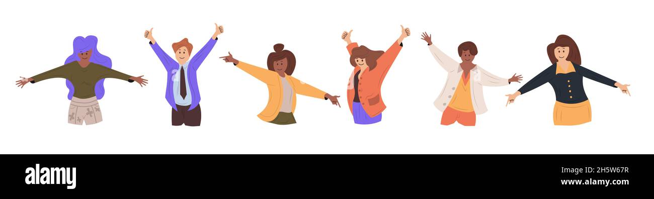 Happy people showing positive emotions and hand gesture. Man and woman ...