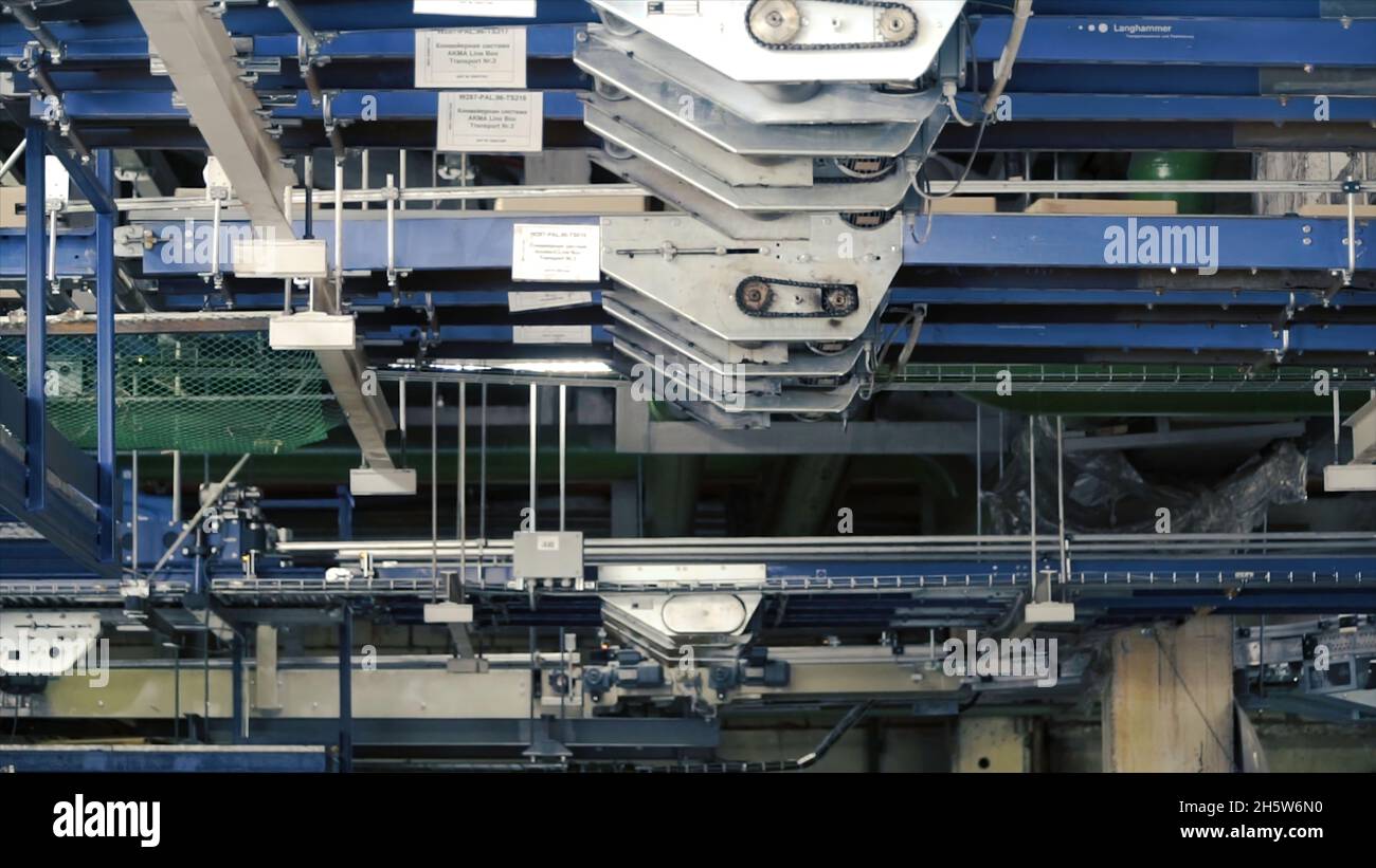 Cardboard boxes are moving on a transporter of a packaging line. Clip ...
