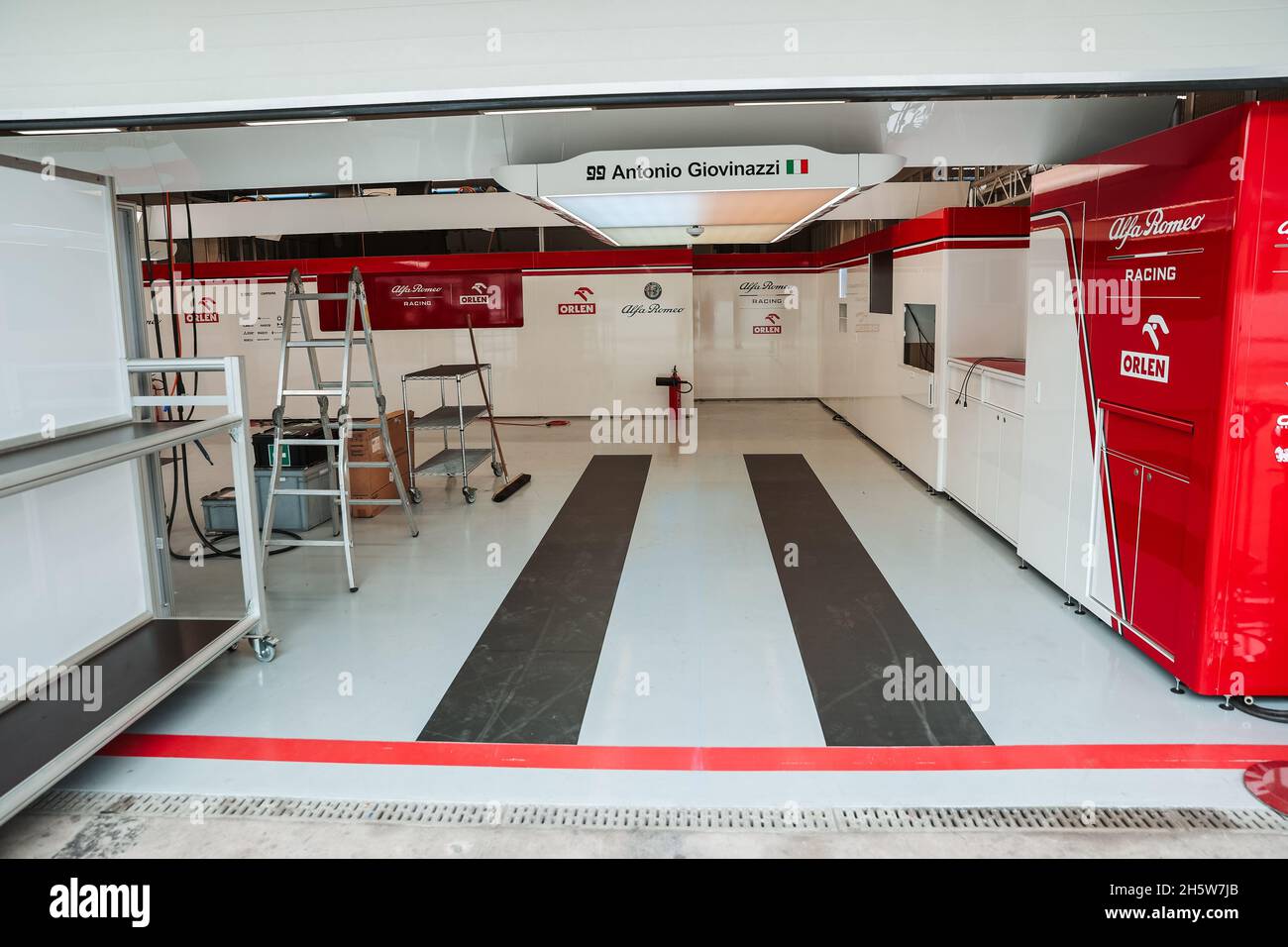 Empty pit garage for Antonio Giovinazzi (ITA) Alfa Romeo Racing as ...