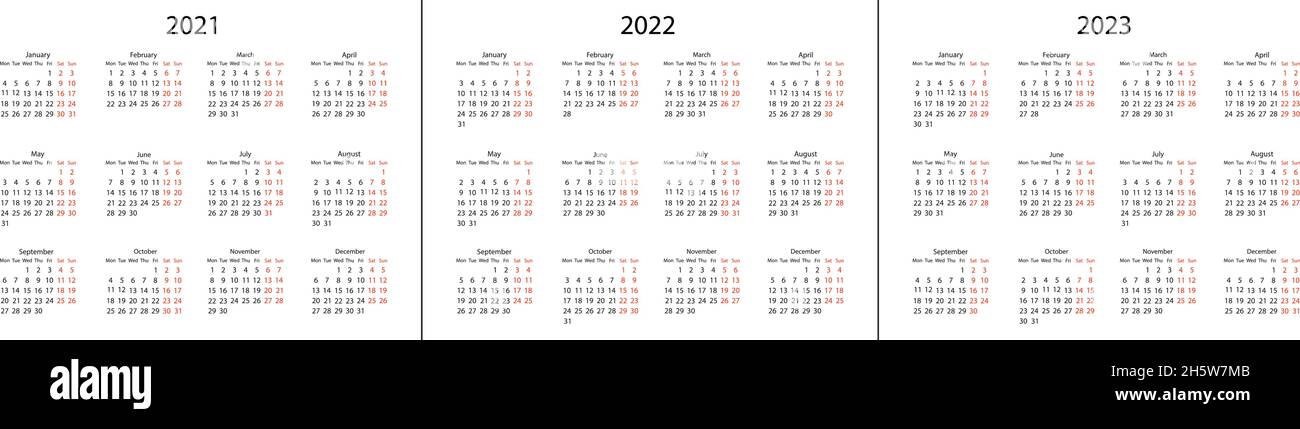 Calendar for 2021 2022 and 2023 year. Months and weeks, vector template ...