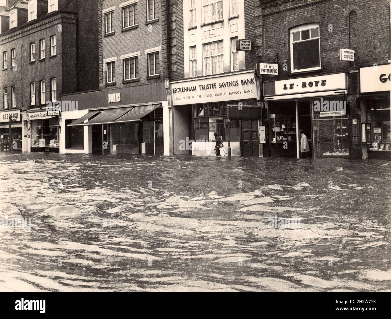 Flood in Beckenham High Street 1968 caused by the rivers Ravensbourne ...
