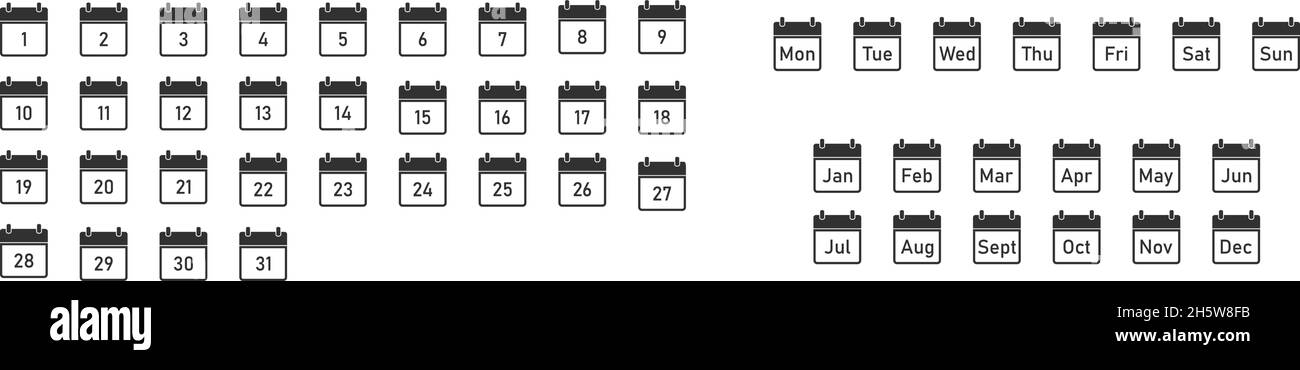 Calendar icon set. Month and days of the week black sing symbol. Vector ...