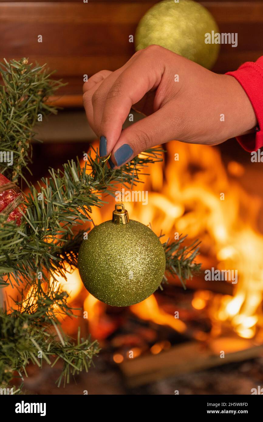 hand of a person hanging a light bulb with frost on the branch of an ...