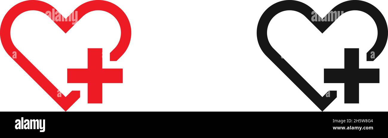 Heart with plus vector red and black icon. Medical symbol in flat ...