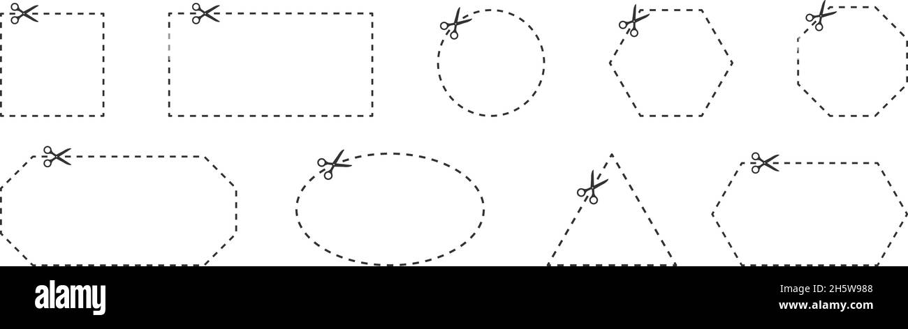 Coupon trim line icons set. Scissors icon. Vector line illustration on ...