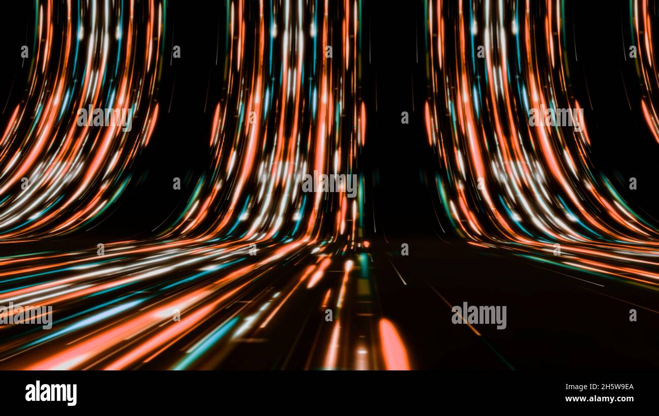 Curved paths with neon lines in stream. Animation. High-speed neon ...