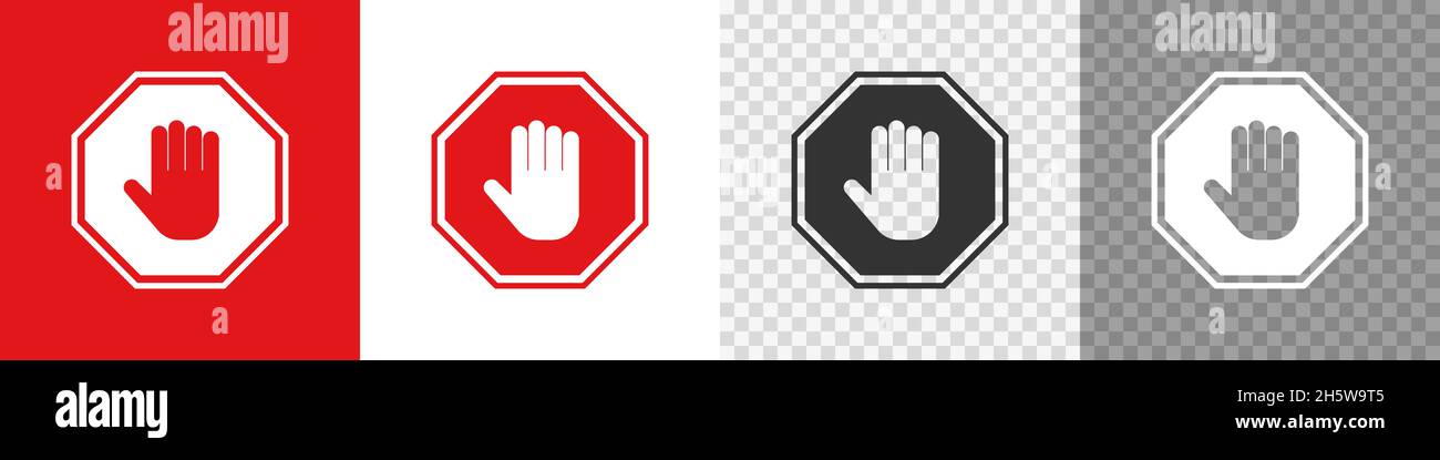 Red stop hand icon set. Access ban sign simbol. Vector flat ...