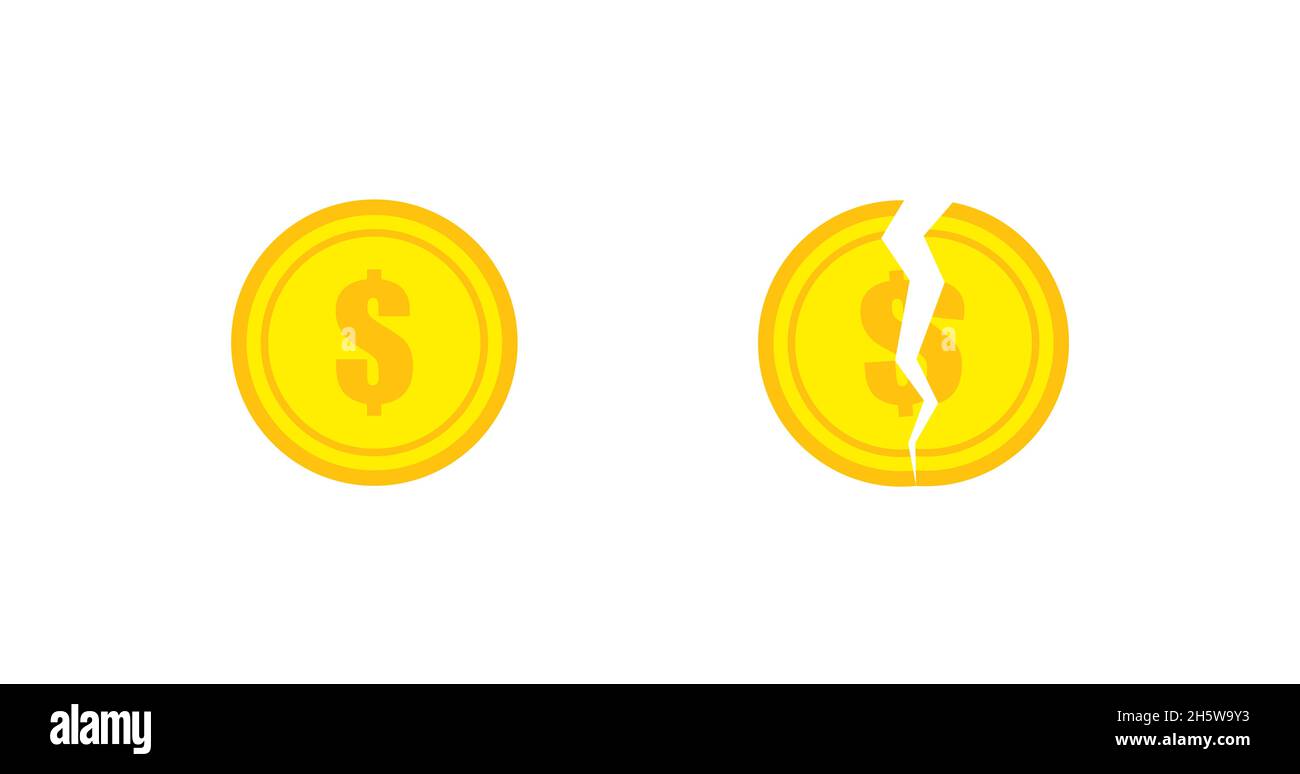 Inflation dollar. Cracked broken coin icon in flat. Money isolated ...