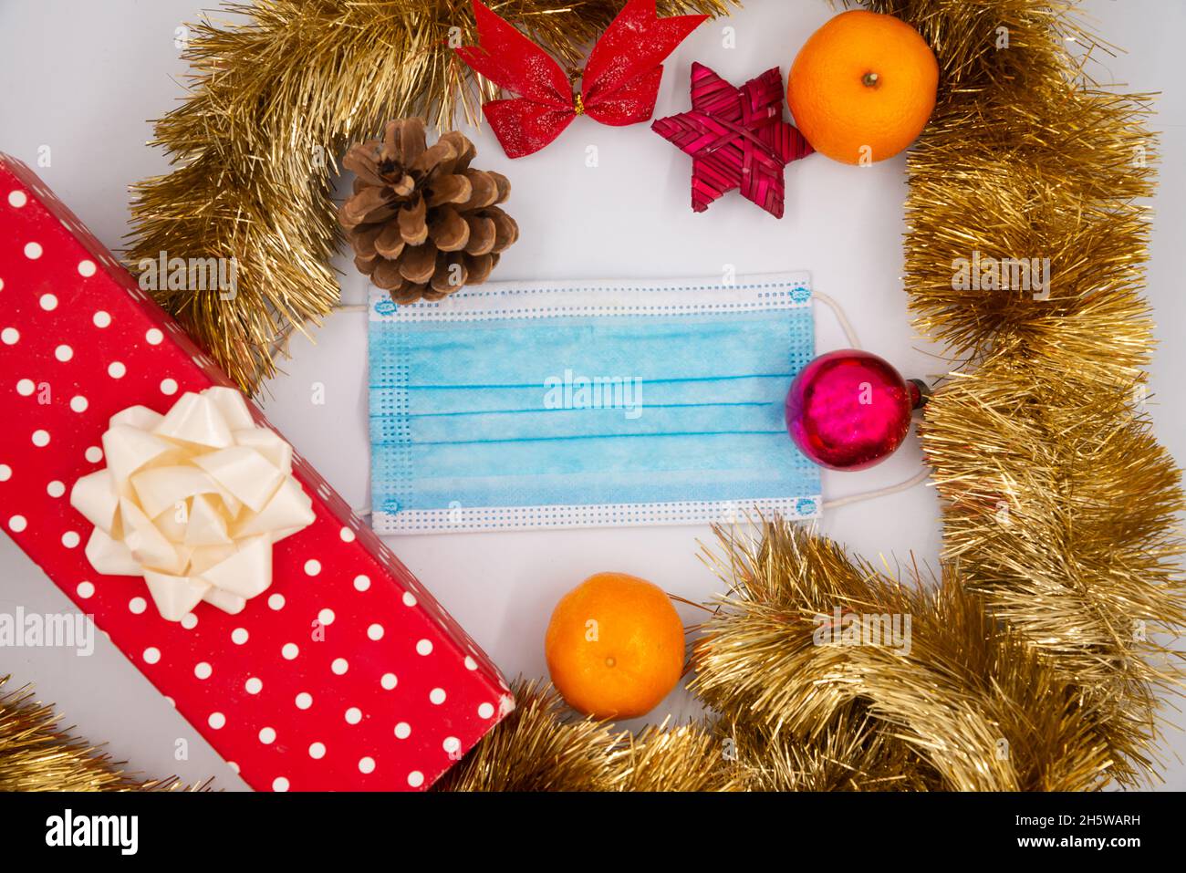 Christmas 2021. Coronavirus new year minimal concept. Flat lay with ...