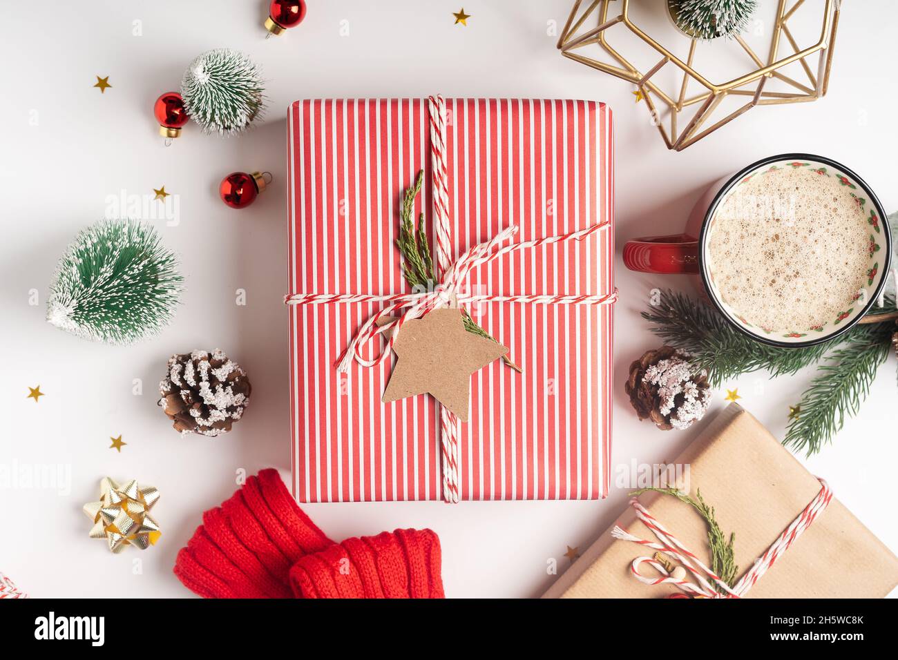 Christmas eco nature gift with empty label blank tag. Flat lay with ...