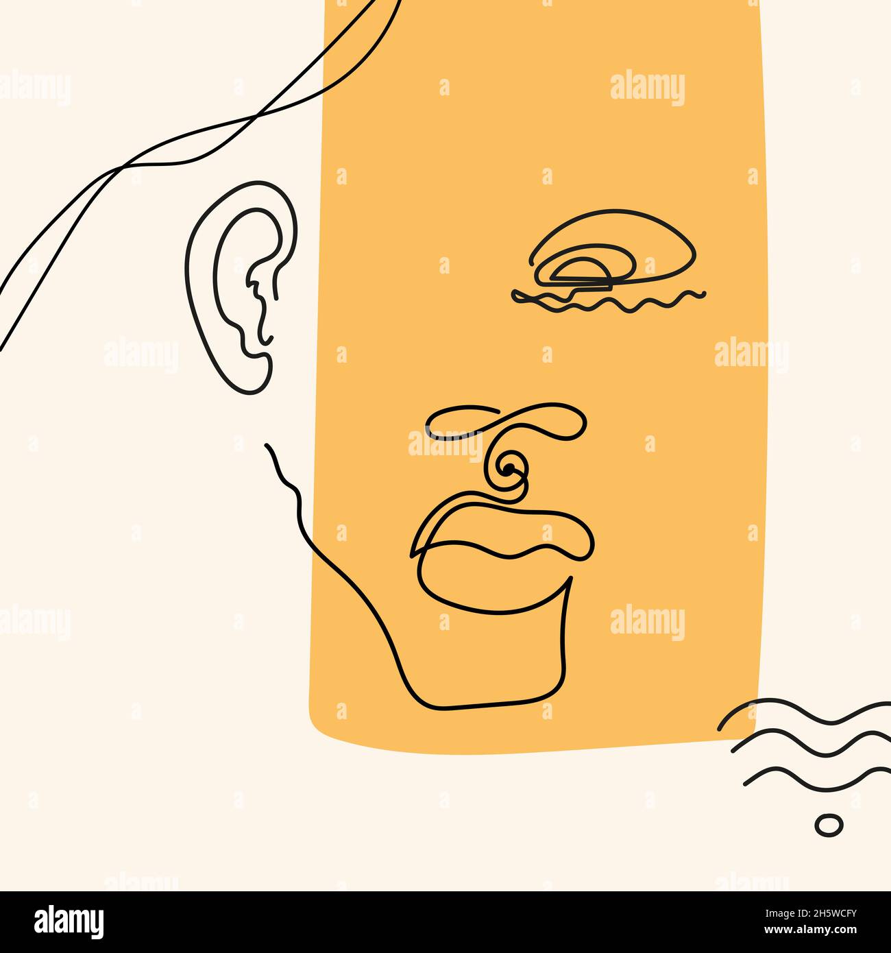 Face with abstract shapes, lines, wave in line art style are isolated ...