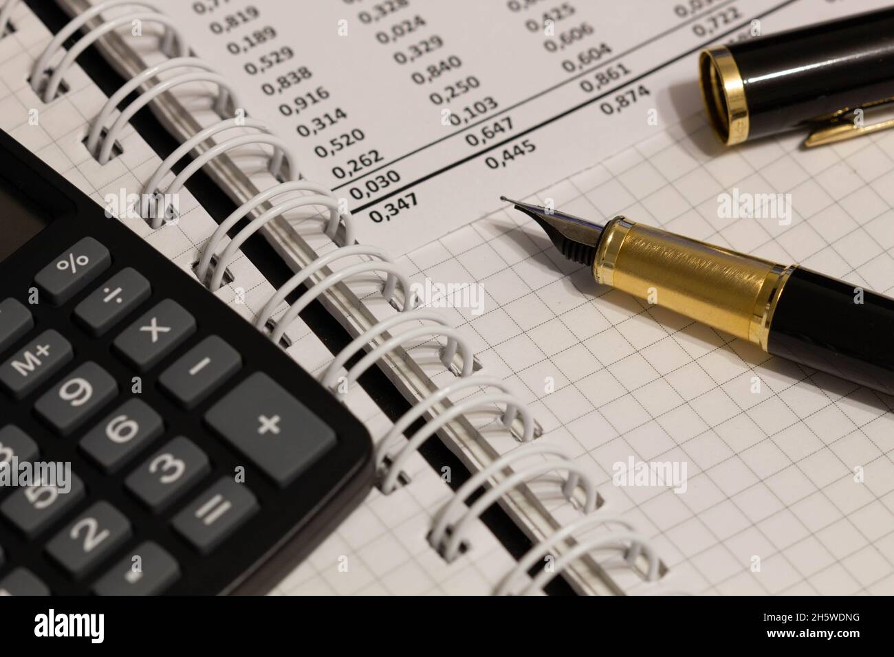 Financial report, calculator, pencil and glasses on the table in the ...
