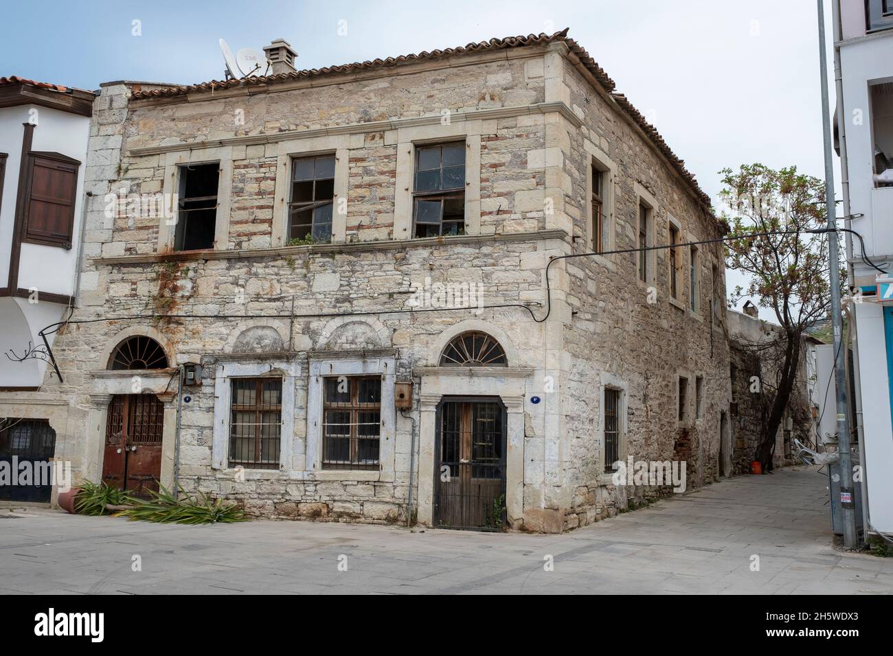 Street view and traditional houses from Urla, Izmir, Turkey Stock Photo ...