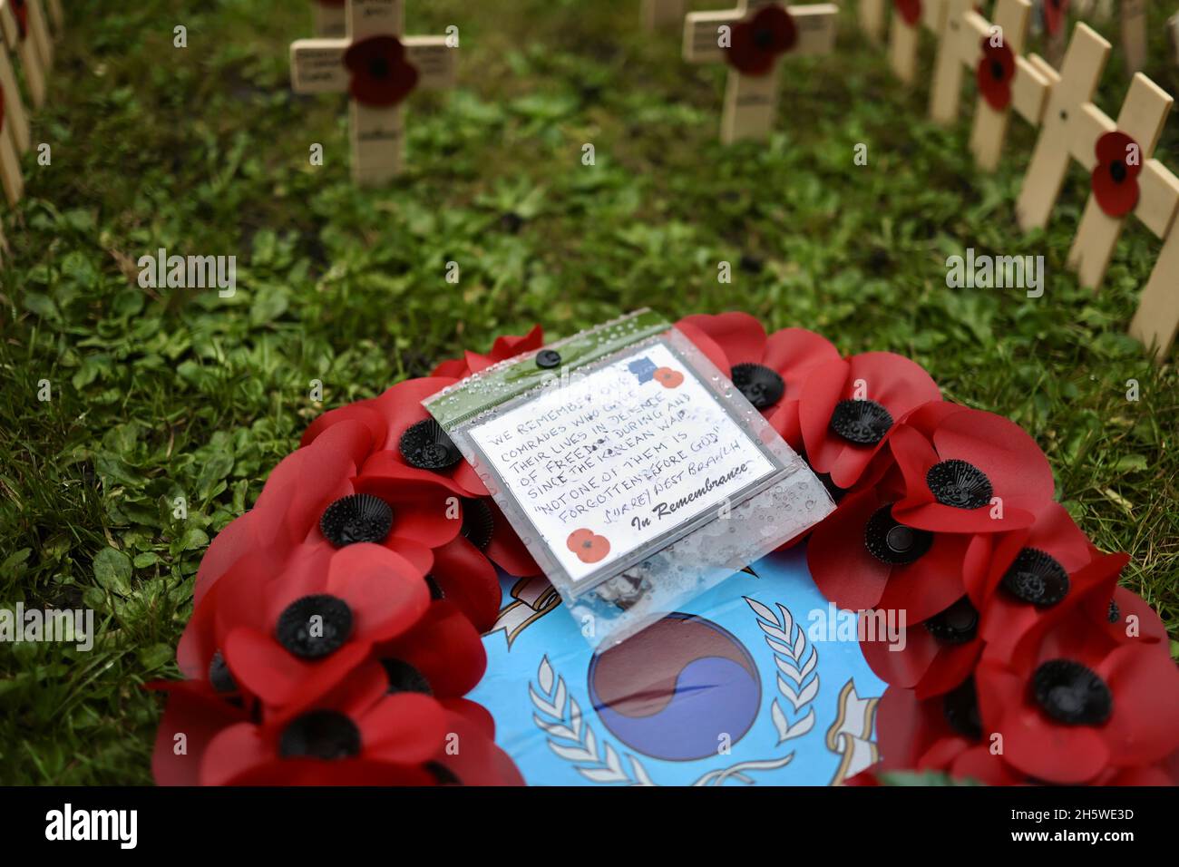 London, UK. 11th Nov, 2021. A wreath of poppies seen with a written ...