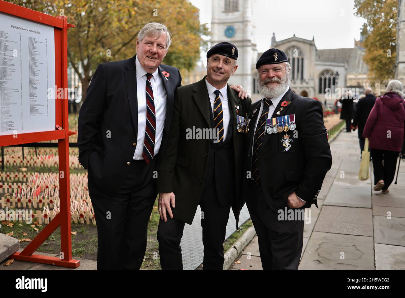 London, UK. 11th Nov, 2021. Three veterans seen at the memorial field ...