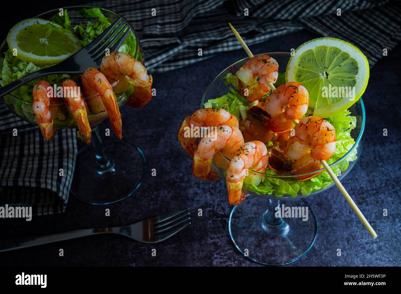 Delicious fresh cooked Prawn cocktail starter served in a tropical ...