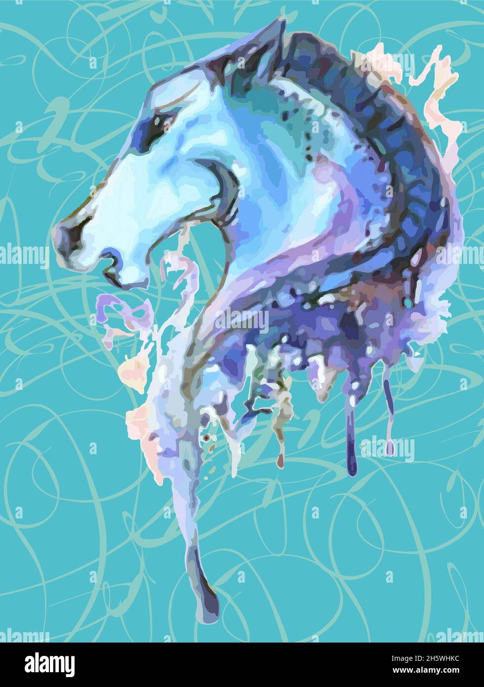Watercolor horse head splashes on a light blue background. Colorful ...