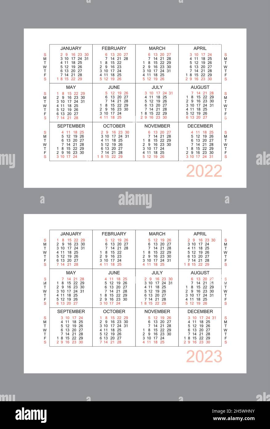 Horizontal calendar for 2 years - 2022, 2023. Simple calendar grid ...
