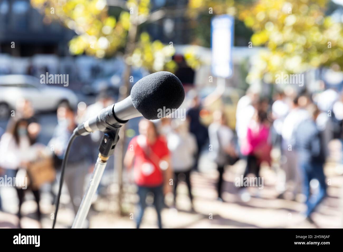 Focus on microphone, blurred crowd of people in the background. Vox ...