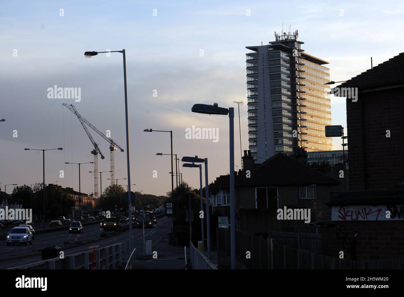Heavy Traffic on the A3 Bypass with Tolworth Tower silhouetted at ...
